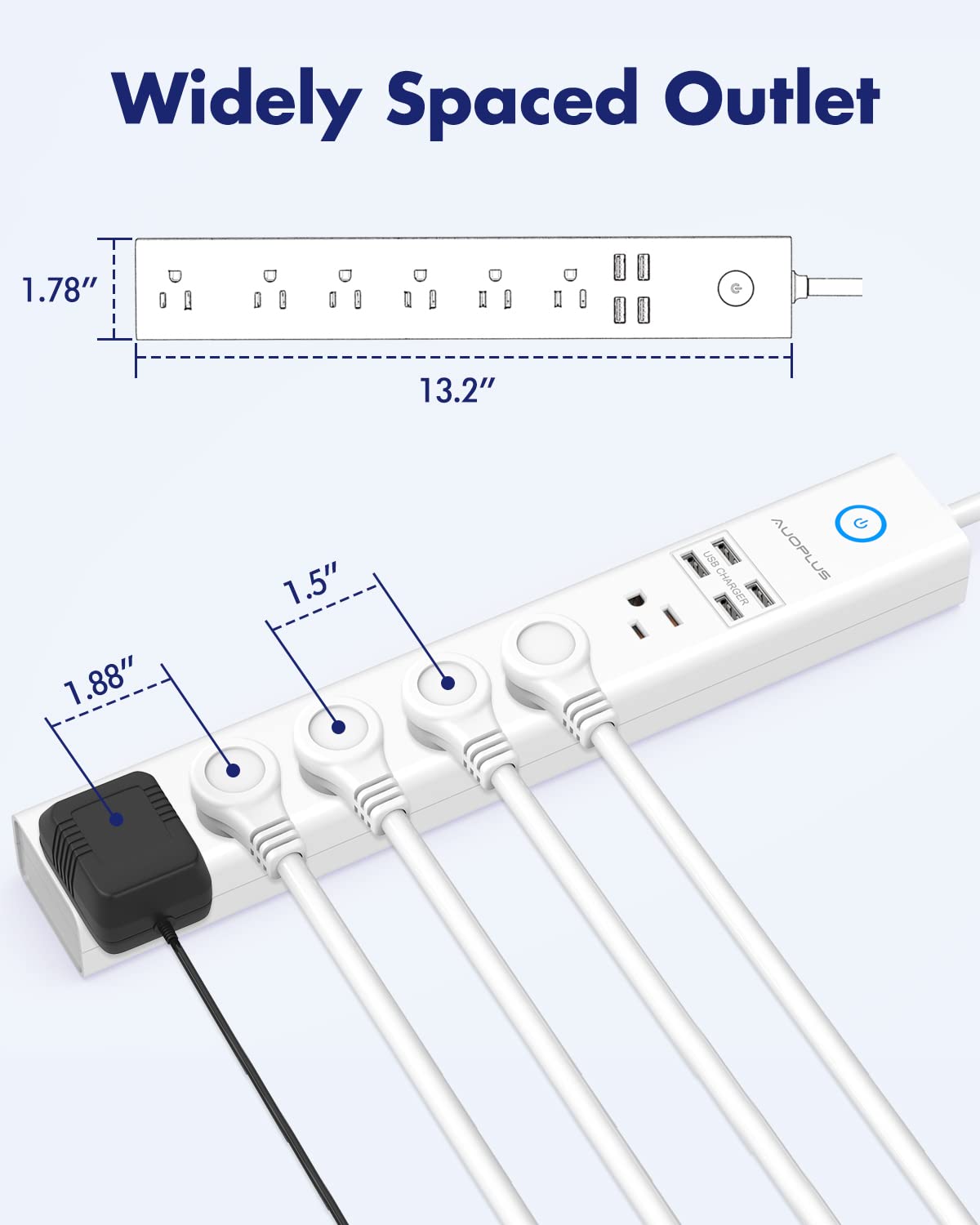 2 Pack Power Strip Surge Protector Flat Plug - 6 Widely Spaced Outlets 4 USB Charging Ports, 2100J/10A with 6Ft Long Extension Cord, Overload Surge Protection, Wall Mount for Home Office