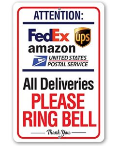 delivery sign for package and box deliveries - please ring bell instructions - directional deliveries metal sign for home office, porch entryway gate, 8x12 aluminum safe use indoors or outdoors