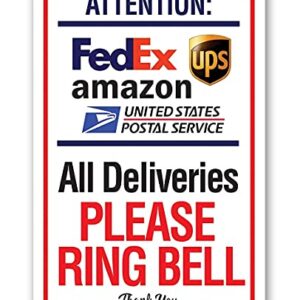 Delivery Sign for Package and Box Deliveries - Please Ring Bell Instructions - Directional Deliveries Metal Sign for Home Office, Porch Entryway Gate, 8x12 Aluminum Safe Use Indoors or Outdoors