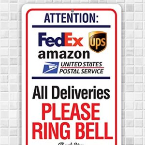 Delivery Sign for Package and Box Deliveries - Please Ring Bell Instructions - Directional Deliveries Metal Sign for Home Office, Porch Entryway Gate, 8x12 Aluminum Safe Use Indoors or Outdoors