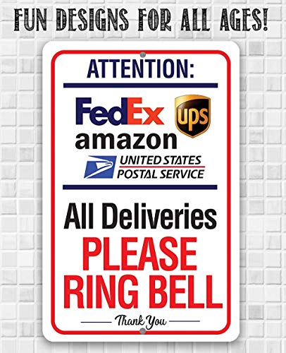 Delivery Sign for Package and Box Deliveries - Please Ring Bell Instructions - Directional Deliveries Metal Sign for Home Office, Porch Entryway Gate, 8x12 Aluminum Safe Use Indoors or Outdoors