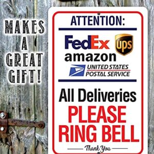 Delivery Sign for Package and Box Deliveries - Please Ring Bell Instructions - Directional Deliveries Metal Sign for Home Office, Porch Entryway Gate, 8x12 Aluminum Safe Use Indoors or Outdoors