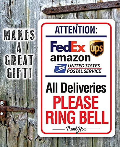 Delivery Sign for Package and Box Deliveries - Please Ring Bell Instructions - Directional Deliveries Metal Sign for Home Office, Porch Entryway Gate, 8x12 Aluminum Safe Use Indoors or Outdoors