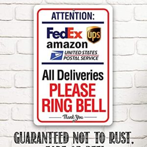 Delivery Sign for Package and Box Deliveries - Please Ring Bell Instructions - Directional Deliveries Metal Sign for Home Office, Porch Entryway Gate, 8x12 Aluminum Safe Use Indoors or Outdoors