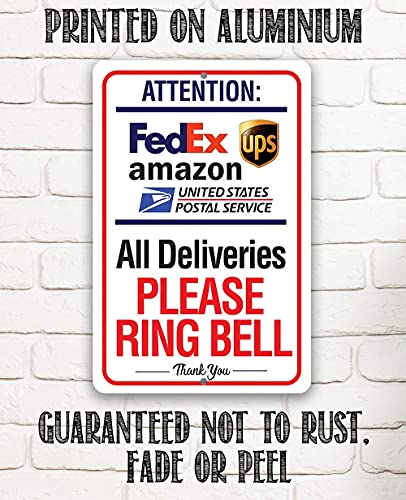 Delivery Sign for Package and Box Deliveries - Please Ring Bell Instructions - Directional Deliveries Metal Sign for Home Office, Porch Entryway Gate, 8x12 Aluminum Safe Use Indoors or Outdoors