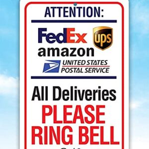 Delivery Sign for Package and Box Deliveries - Please Ring Bell Instructions - Directional Deliveries Metal Sign for Home Office, Porch Entryway Gate, 8x12 Aluminum Safe Use Indoors or Outdoors