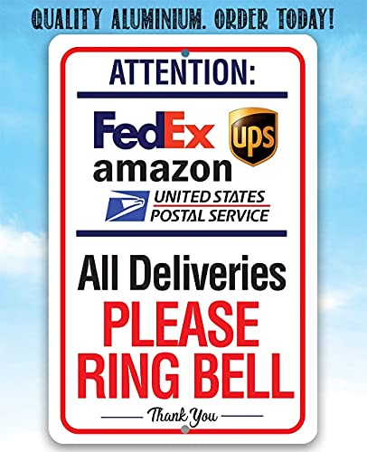 Delivery Sign for Package and Box Deliveries - Please Ring Bell Instructions - Directional Deliveries Metal Sign for Home Office, Porch Entryway Gate, 8x12 Aluminum Safe Use Indoors or Outdoors