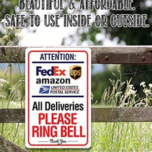 Delivery Sign for Package and Box Deliveries - Please Ring Bell Instructions - Directional Deliveries Metal Sign for Home Office, Porch Entryway Gate, 8x12 Aluminum Safe Use Indoors or Outdoors