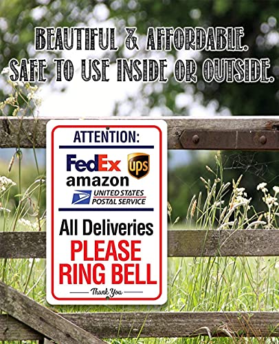 Delivery Sign for Package and Box Deliveries - Please Ring Bell Instructions - Directional Deliveries Metal Sign for Home Office, Porch Entryway Gate, 8x12 Aluminum Safe Use Indoors or Outdoors