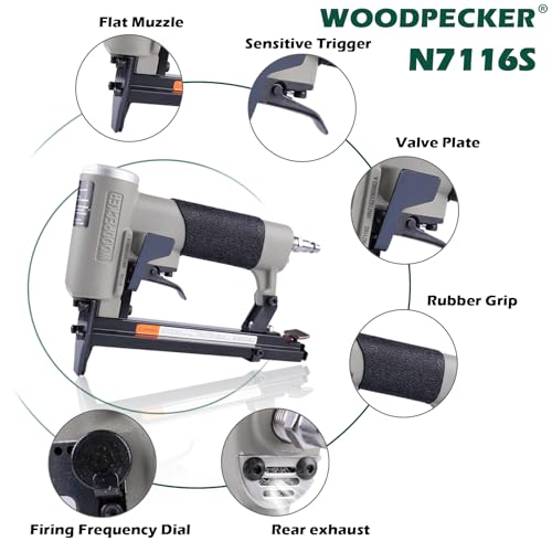 Woodpecker N7116S 22 Gauge Rapid Pneumatic Upholstery Stapler Adjustable Frequency Air Power Fine Wire Staple Gun 3/8-Inch Crown Upholstery Staple Gun 1/4-Inch to 5/8-Inch Leg Length for Upholstering