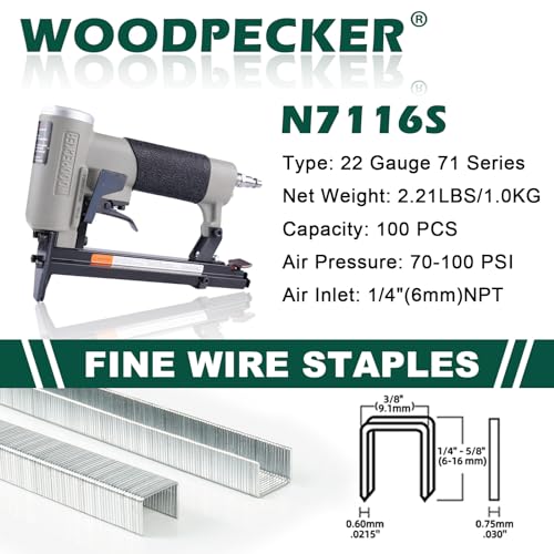 Woodpecker N7116S 22 Gauge Rapid Pneumatic Upholstery Stapler Adjustable Frequency Air Power Fine Wire Staple Gun 3/8-Inch Crown Upholstery Staple Gun 1/4-Inch to 5/8-Inch Leg Length for Upholstering