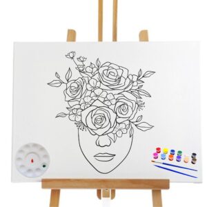 essenburg pre drawn canvas flower lady paint kit | adult & teen sip and paint party favor | diy date night couple activity (s 8x10 canvas only)