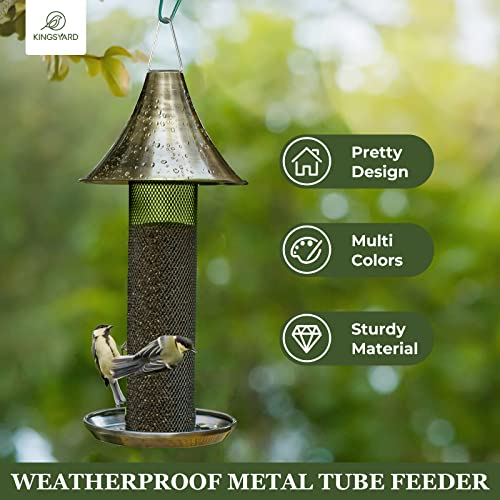 Kingsyard Metal Finch Bird Feeders for Outside, Hanging Tube Mesh Feeder for Nyjer/Thistle, 3 lbs Seed Capacity, Weatherproof, Great for Attracting Wild Bird, Brushed Bronze