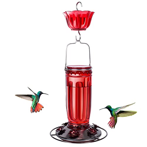 Kingsyard Glass Hummingbird Feeder for Outdoors Wild Bird Feeder with 6 Feeding Ports Hanging for Garden Yard, Red (Ant Moat Included)