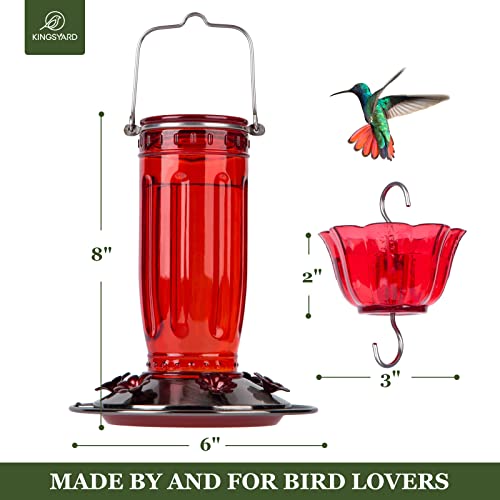 Kingsyard Glass Hummingbird Feeder for Outdoors Wild Bird Feeder with 6 Feeding Ports Hanging for Garden Yard, Red (Ant Moat Included)