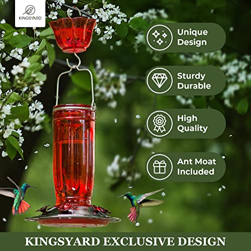 Kingsyard Glass Hummingbird Feeder for Outdoors Wild Bird Feeder with 6 Feeding Ports Hanging for Garden Yard, Red (Ant Moat Included)