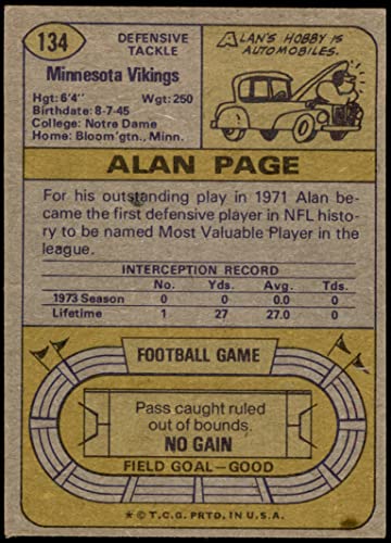 1974 Topps # 134 All-Pro Alan Page Minnesota Vikings (Football Card) GOOD Vikings Notre Dame