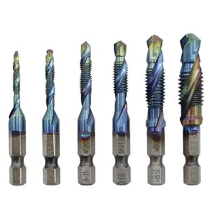 1/4 inch hex shank tap drill bit set hss thread spiral combination drilling tapping chamfering metal tools bits metric & inch m3-m10, 6 pcs