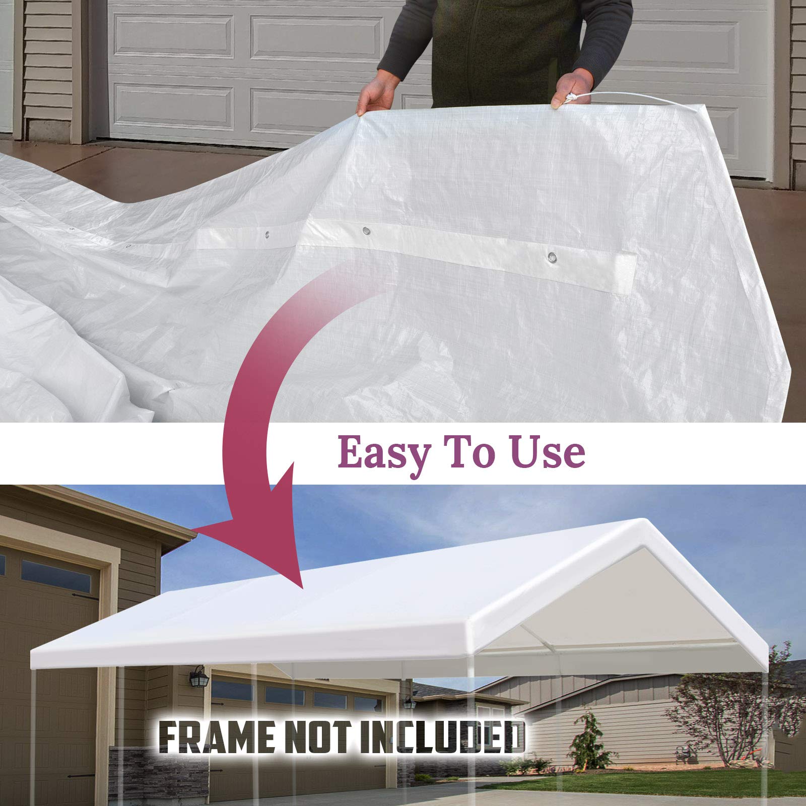 BenefitUSA 10x20 ft Carport Replacement Canopy Garage Top Cover Tent Shelter Tarp with Ball Bungee Cords, Canopy Only (w/Edge)