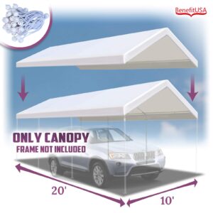 BenefitUSA 10x20 ft Carport Replacement Canopy Garage Top Cover Tent Shelter Tarp with Ball Bungee Cords, Canopy Only (w/Edge)