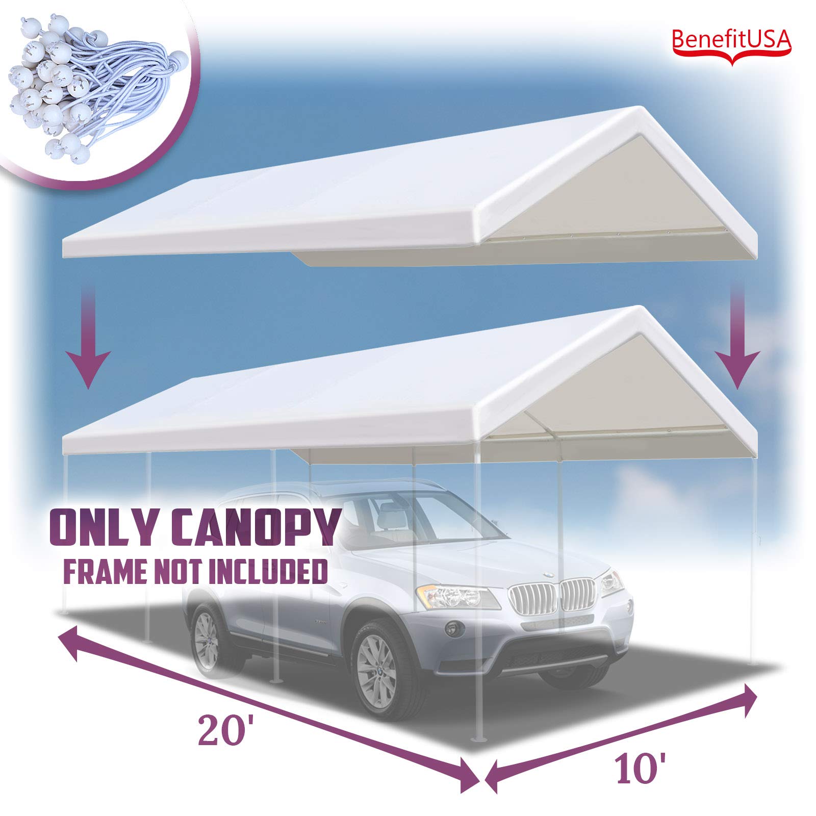 BenefitUSA 10x20 ft Carport Replacement Canopy Garage Top Cover Tent Shelter Tarp with Ball Bungee Cords, Canopy Only (w/Edge)