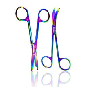 Cynamed Set of 2 Suture Stitch Scissors with Multicolor/Rainbow Titanium Coating - Premium Quality Instrument- Delicate Hook - Perfect for Suture Removal, First Aid, EMS Training (Straight and Curved)