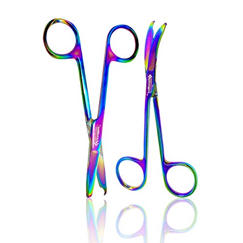 Cynamed Set of 2 Suture Stitch Scissors with Multicolor/Rainbow Titanium Coating - Premium Quality Instrument- Delicate Hook - Perfect for Suture Removal, First Aid, EMS Training (Straight and Curved)