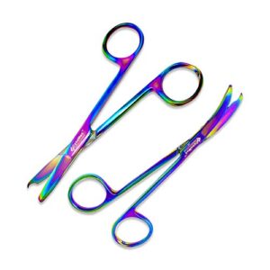 cynamed set of 2 suture stitch scissors with multicolor/rainbow titanium coating - premium quality instrument- delicate hook - perfect for suture removal, first aid, ems training (straight and curved)