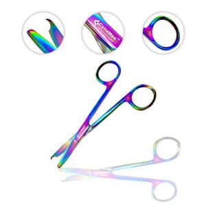 Cynamed Set of 2 Suture Stitch Scissors with Multicolor/Rainbow Titanium Coating - Premium Quality Instrument- Delicate Hook - Perfect for Suture Removal, First Aid, EMS Training (Straight and Curved)