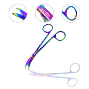 Cynamed Set of 2 Suture Stitch Scissors with Multicolor/Rainbow Titanium Coating - Premium Quality Instrument- Delicate Hook - Perfect for Suture Removal, First Aid, EMS Training (Straight and Curved)