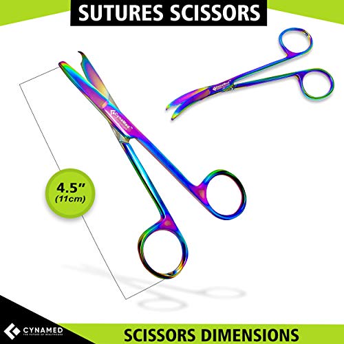 Cynamed Set of 2 Suture Stitch Scissors with Multicolor/Rainbow Titanium Coating - Premium Quality Instrument- Delicate Hook - Perfect for Suture Removal, First Aid, EMS Training (Straight and Curved)