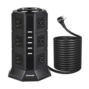 dewenwils16ft power strip tower, 12-outlet surge protector power strip with 5-usb ports, 2-switch control, 15a circuit breaker, 1500joules, flat plug charging station for home, office, etl listed