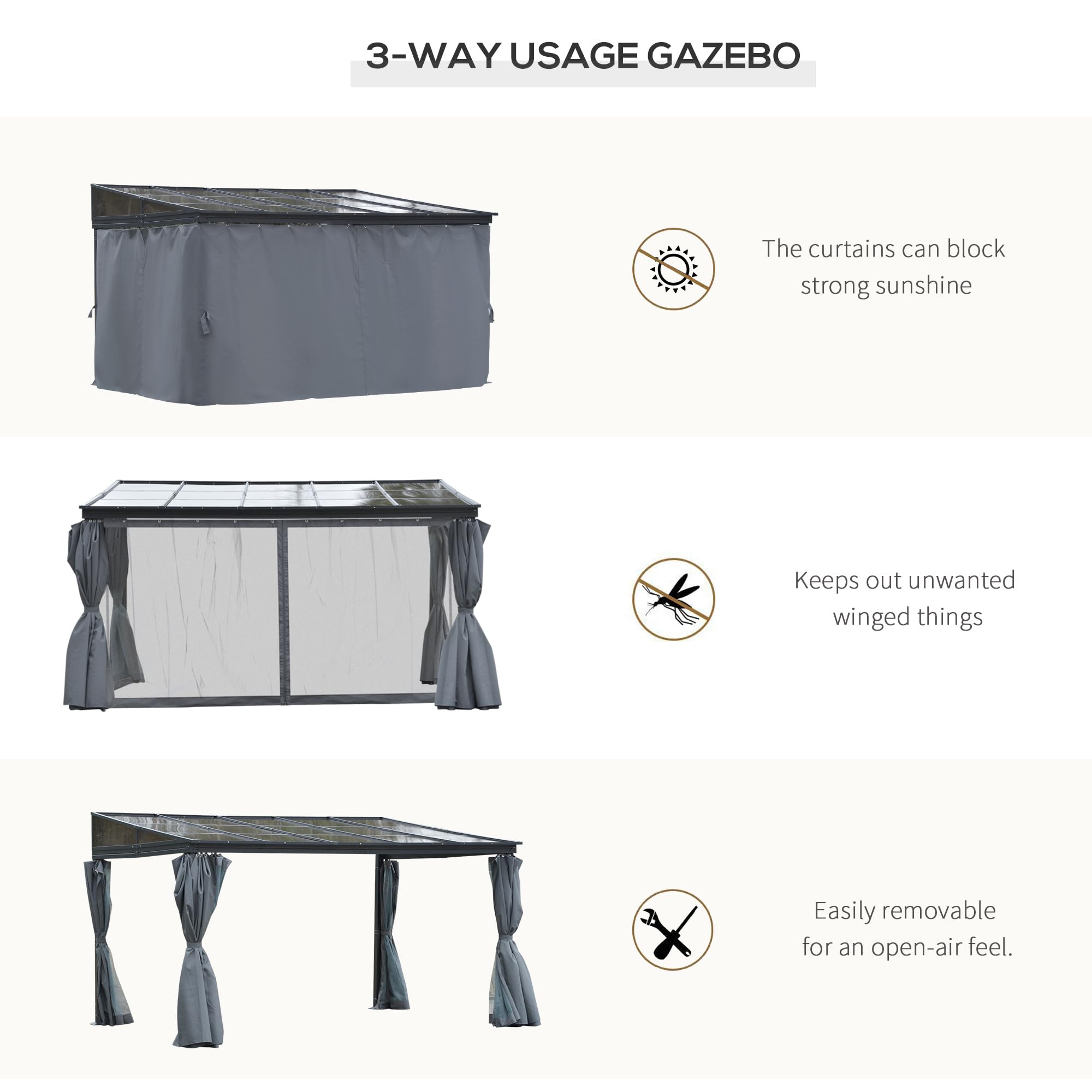 Outsunny 10' x 13' Outdoor Patio Gazebo with Sloping Polycarbonate Roof, Durable Aluminum Frame, & Netting Curtain