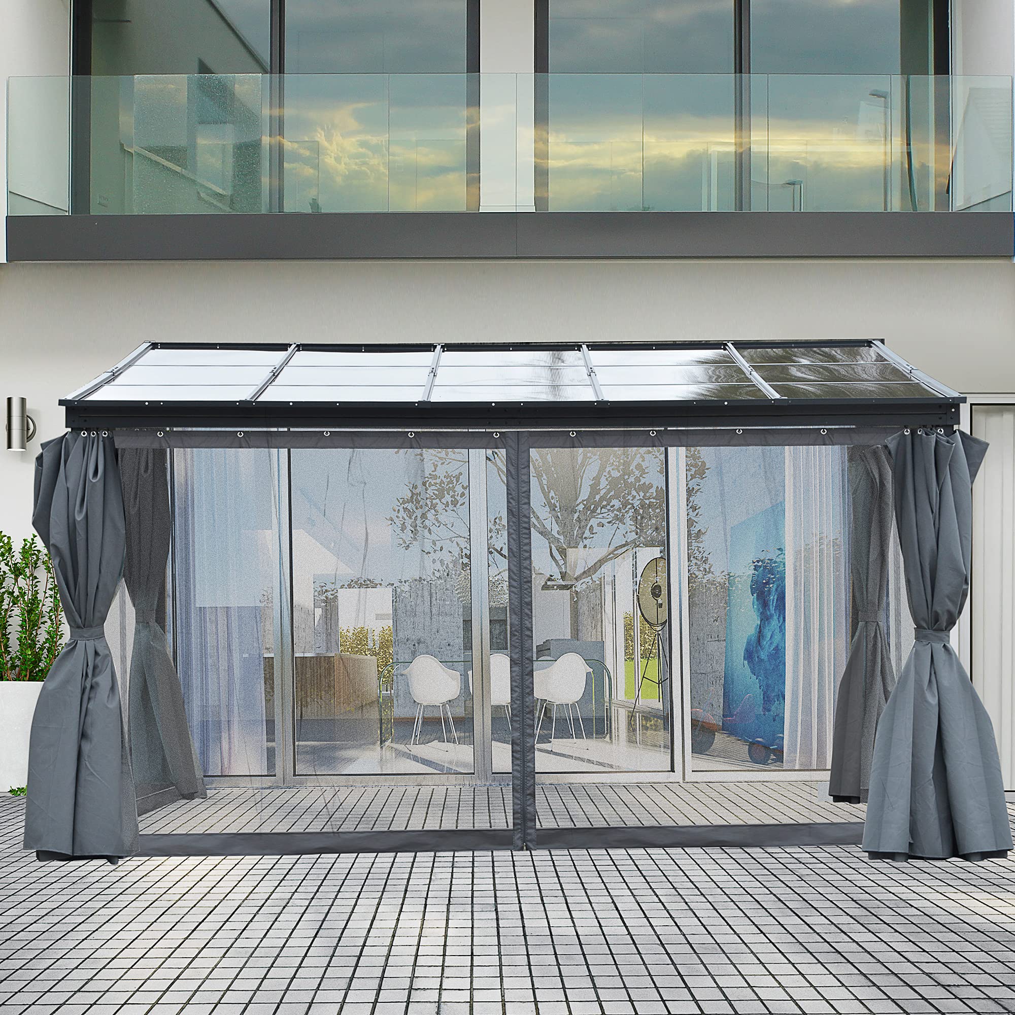 Outsunny 10' x 13' Outdoor Patio Gazebo with Sloping Polycarbonate Roof, Durable Aluminum Frame, & Netting Curtain