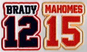 tom brady no. 12 vs. patrick mahomes no. 15 patches - jersey number football sew or iron-on embroidered patch 2 1/2 x 2 3/4"