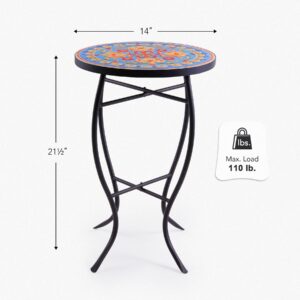 VONLUCE 21" Mosaic Plant Stand, 14 Inch Round Side Table with Ceramic Tile Top, Indoor and Outdoor Accent Table, Outdoor Patio Furniture, End Table for Garden Patio Living Room More, Blue