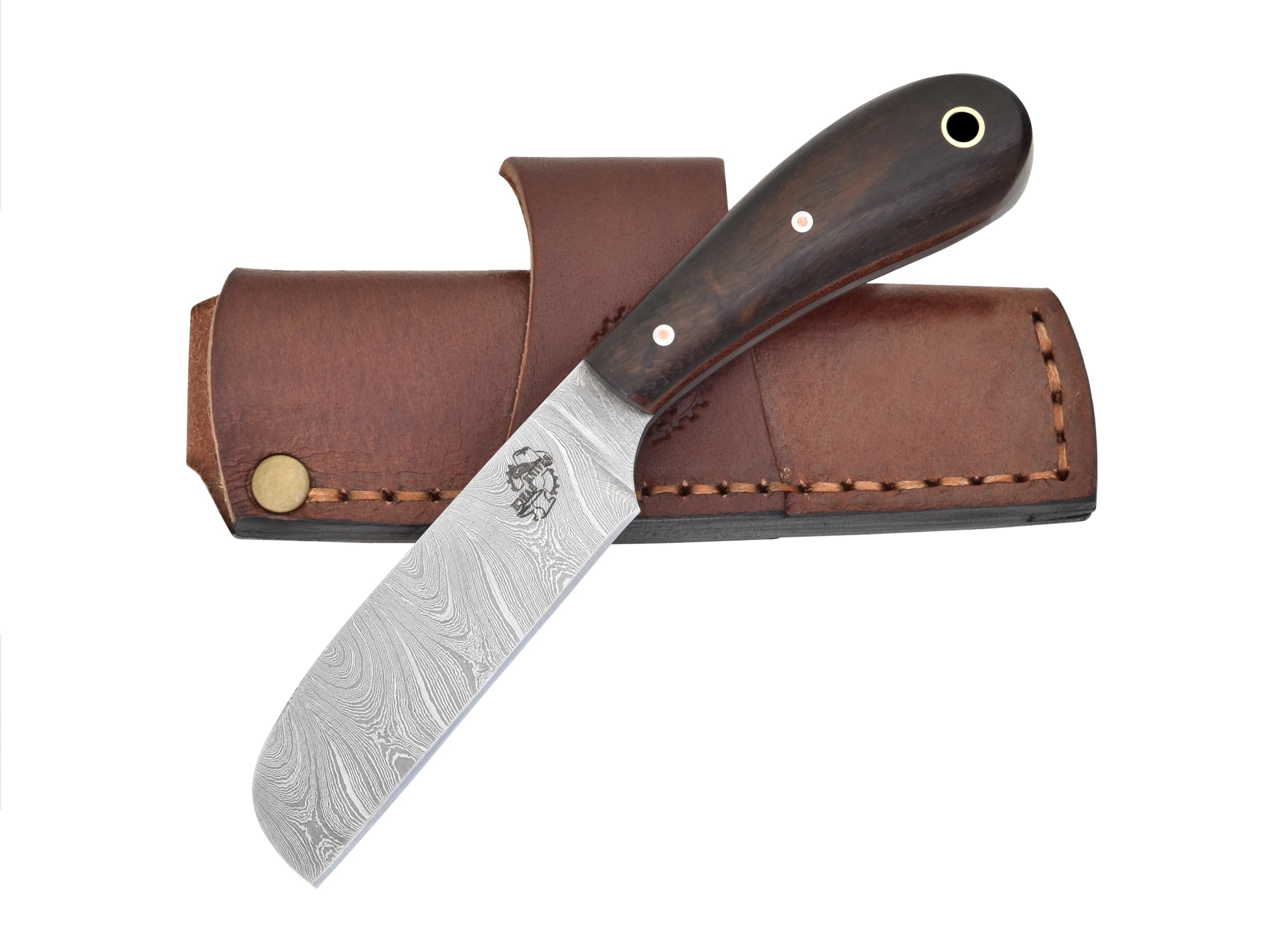 Knives Ranch Damascus Steel Small Castrator with Indian Rosewood Handle Dual Carry Vertical or Horizontal Cowboy Crossdraw Leather Sheath (3177-IRW)