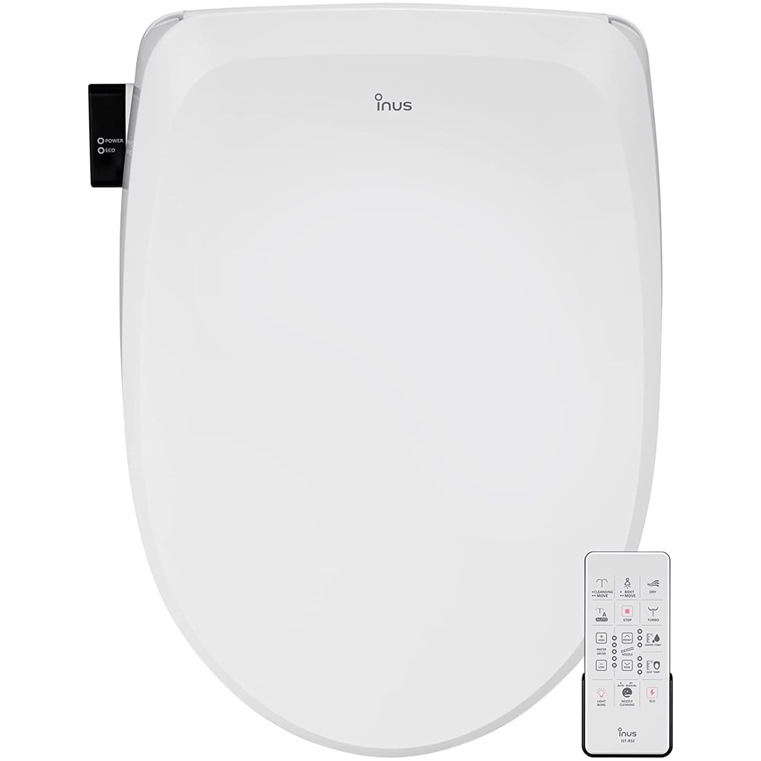 Inus R32 Electric Heated Bidet Toilet Seat Elongated, Warm Water, Smart Heated Water Luxury Bidet Toilet Seat with Remote Control, Night Light, Air Dryer, Self Cleaning, Tankless & Temperature Control