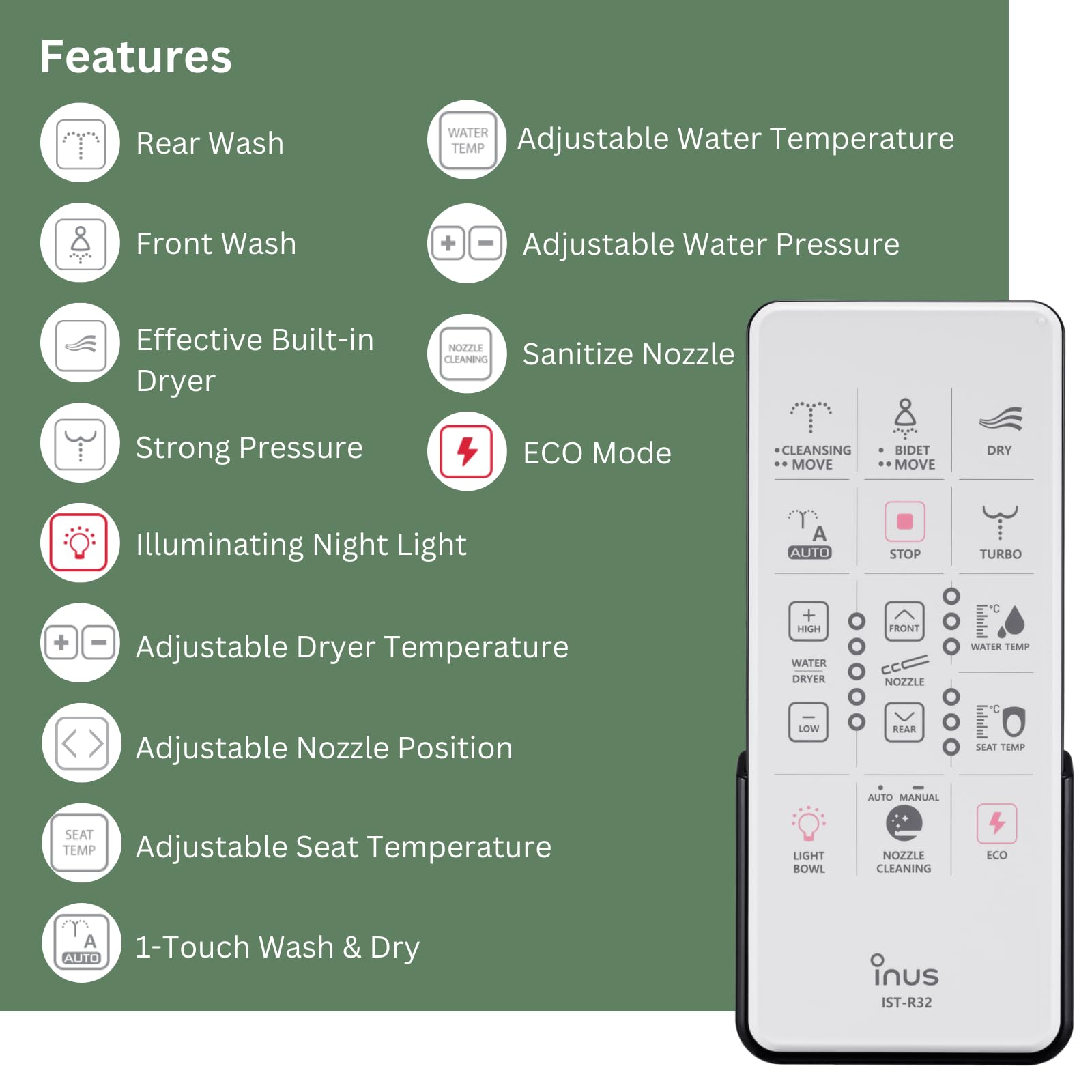 Inus R32 Electric Heated Bidet Toilet Seat Elongated, Warm Water, Smart Heated Water Luxury Bidet Toilet Seat with Remote Control, Night Light, Air Dryer, Self Cleaning, Tankless & Temperature Control