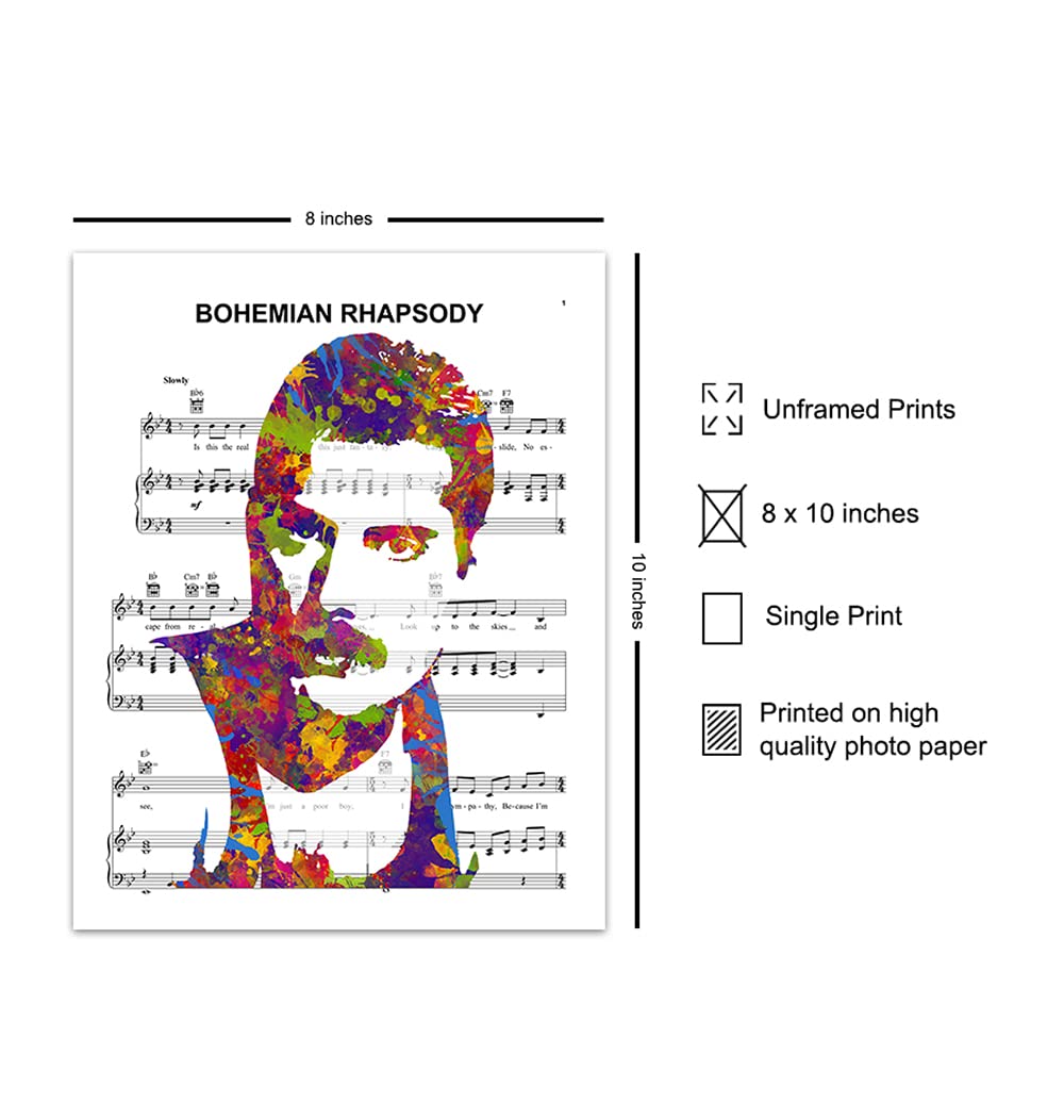 Freddie Mercury Poster - 8x10 Bohemian Rhapsody Poster - Freddie Mercury Merchandise - Queen Sheet Music - 80s Pop Music Gifts - Wall Art Decor