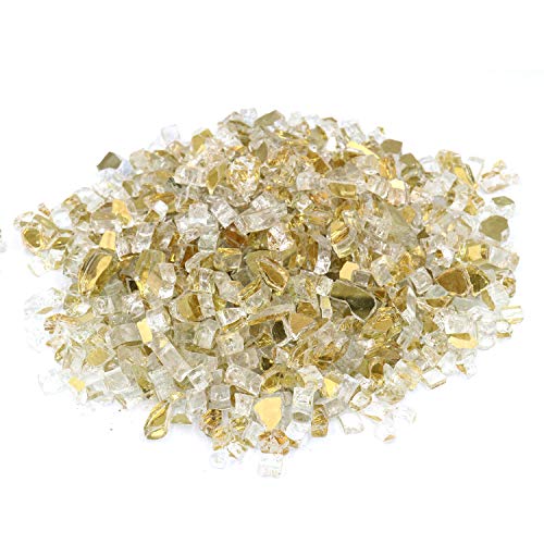 Golden Crystal Fire Glass, 10 Pounds of ½ in. Premium Tempered Fire Pit Glass, Reflective Fireglass for Fire Pit, Fire Table, Fireplace Natural Gas and Propane, Fire Glass Pellets Rocks High Luster