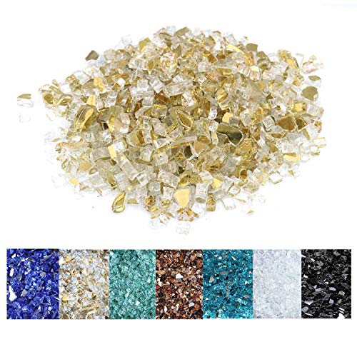 Golden Crystal Fire Glass, 10 Pounds of ½ in. Premium Tempered Fire Pit Glass, Reflective Fireglass for Fire Pit, Fire Table, Fireplace Natural Gas and Propane, Fire Glass Pellets Rocks High Luster