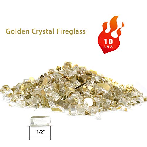 Golden Crystal Fire Glass, 10 Pounds of ½ in. Premium Tempered Fire Pit Glass, Reflective Fireglass for Fire Pit, Fire Table, Fireplace Natural Gas and Propane, Fire Glass Pellets Rocks High Luster