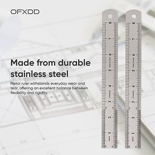 Metal Rulers with Inches & Centimeters - Pack of 3 - Metric and Standard Flexible Stainless Steel Rulers Set - 8 Inches (20 cm)