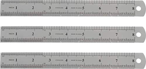 Metal Rulers with Inches & Centimeters - Pack of 3 - Metric and Standard Flexible Stainless Steel Rulers Set - 8 Inches (20 cm)