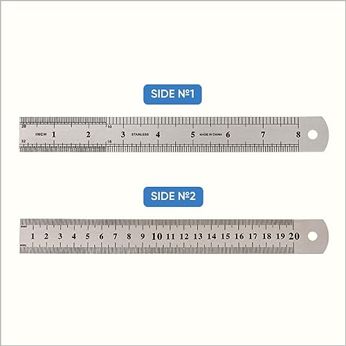 Metal Rulers with Inches & Centimeters - Pack of 3 - Metric and Standard Flexible Stainless Steel Rulers Set - 8 Inches (20 cm)