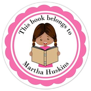 custom book belongs to bookplate labels, brown hair girl with braids stickers - personalized children stickers (2 inch round, 40 count)