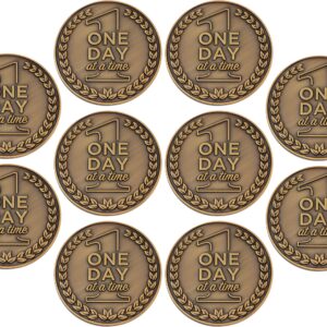 Serenity Prayer and One Day at a Time Coin, Bulk Pack of 10 Recovery Chip Pocket Tokens for AA, Antique Gold Plated Recovery Challenge Coin, Gift of Peace and Sobriety