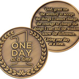 Serenity Prayer and One Day at a Time Coin, Bulk Pack of 10 Recovery Chip Pocket Tokens for AA, Antique Gold Plated Recovery Challenge Coin, Gift of Peace and Sobriety