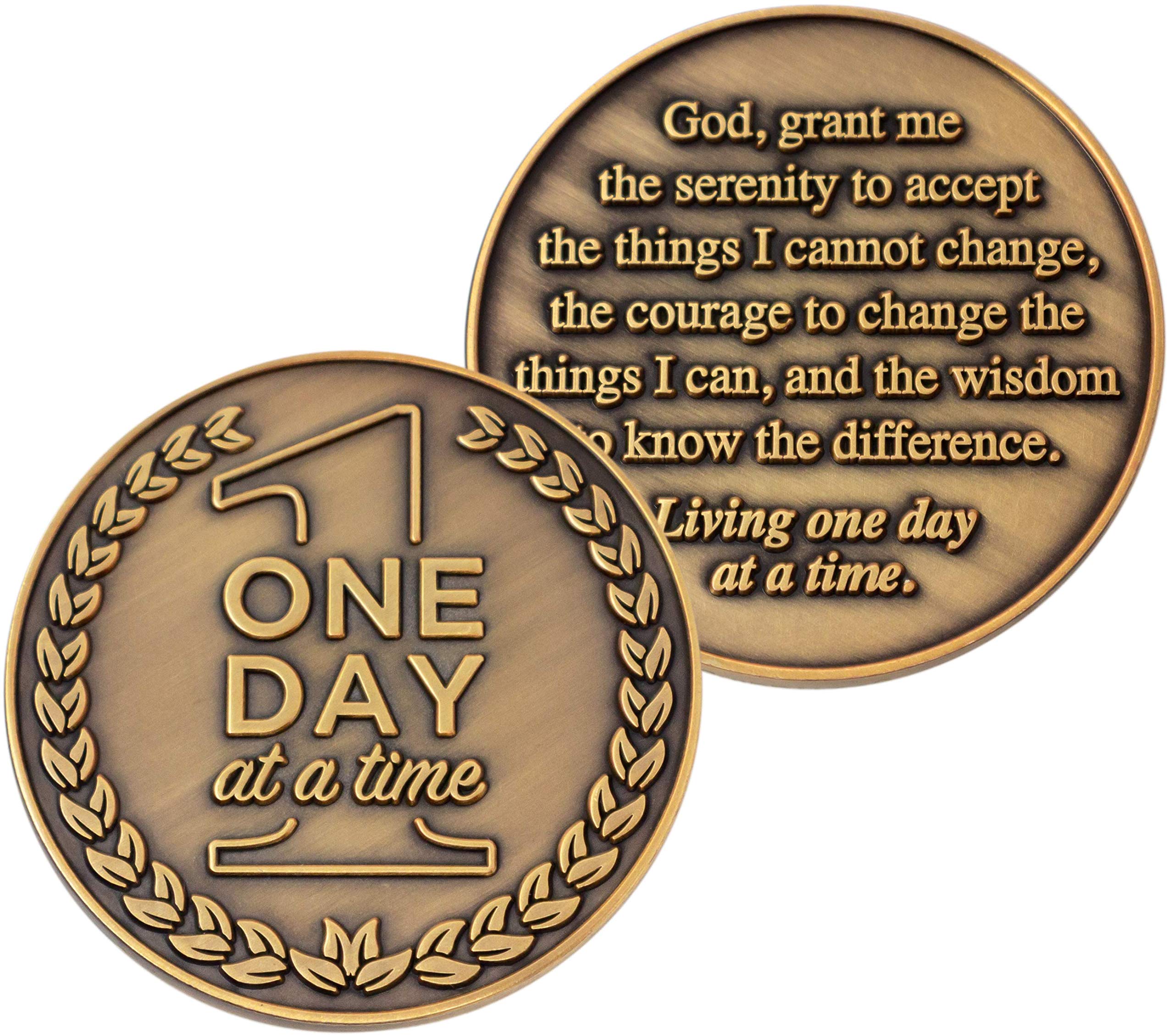 Serenity Prayer and One Day at a Time Coin, Bulk Pack of 10 Recovery Chip Pocket Tokens for AA, Antique Gold Plated Recovery Challenge Coin, Gift of Peace and Sobriety